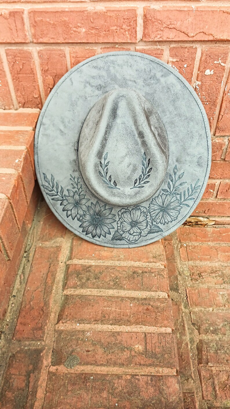 Hand Burned Gray Wide Brim Hat With Floral Design on the Top and ...
