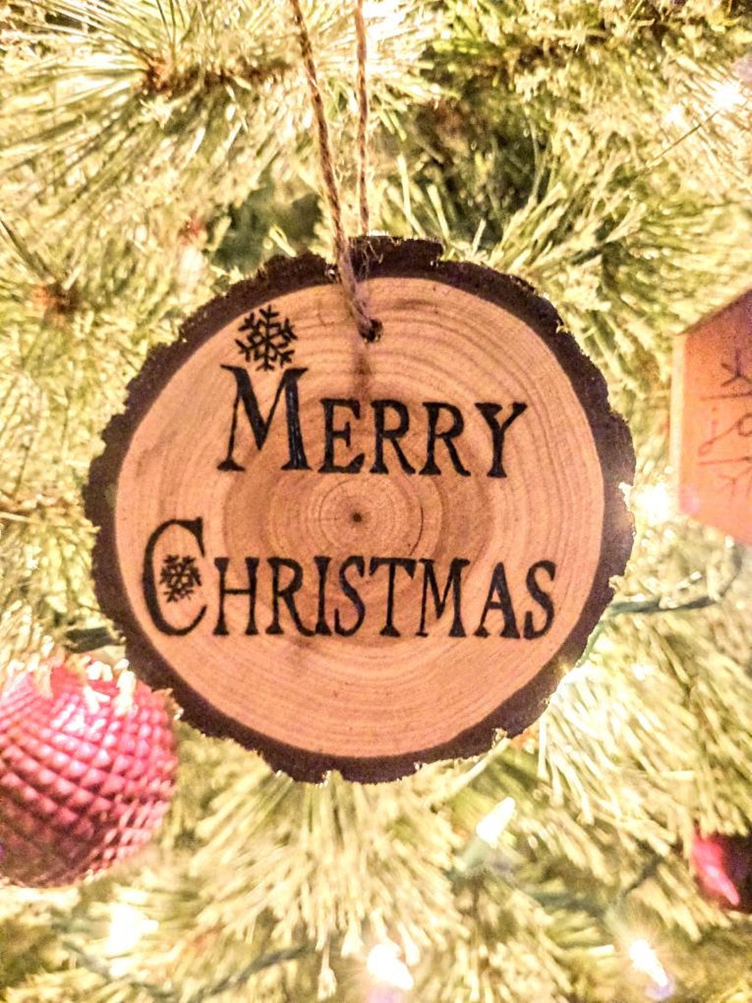 Wood Burned Merry Christmas Rustic Wood Slice Ornament - Etsy