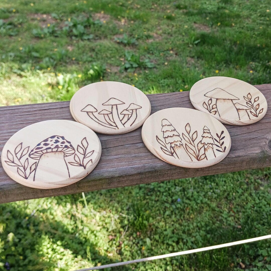 Wood Burned Mushroom Coasters Set of 4 – Handmade Cork Backed 4" Rustic ...