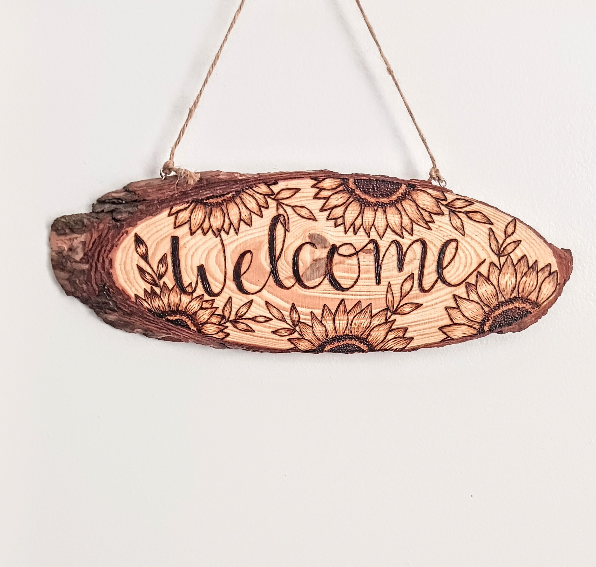 Wood Burned Sunflower Welcome Sign – Rustic Handmade Door or Wall Decor ...