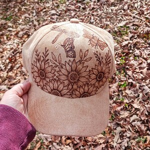 Hand Burned Vegan Suede Ball Cap, Light Brown Color, Sunflower Design ...