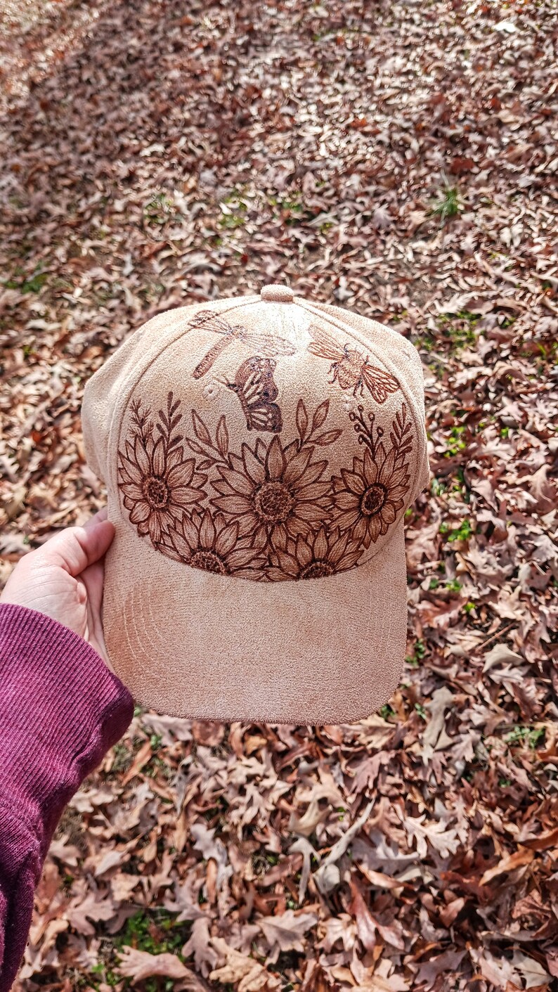 Hand Burned Vegan Suede Ball Cap, Light Brown Color, Sunflower Design ...