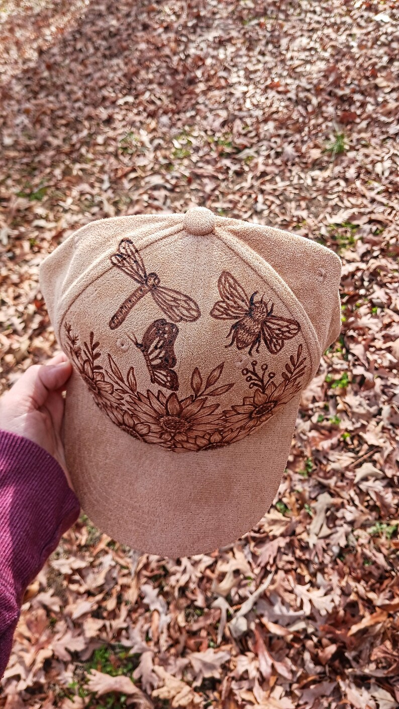 Hand Burned Vegan Suede Ball Cap, Light Brown Color, Sunflower Design ...