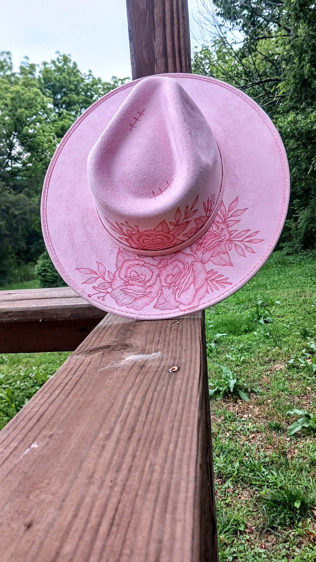 Hand Burned Light Pink Wide Brim Hat for Women, Rose Design on Top of ...
