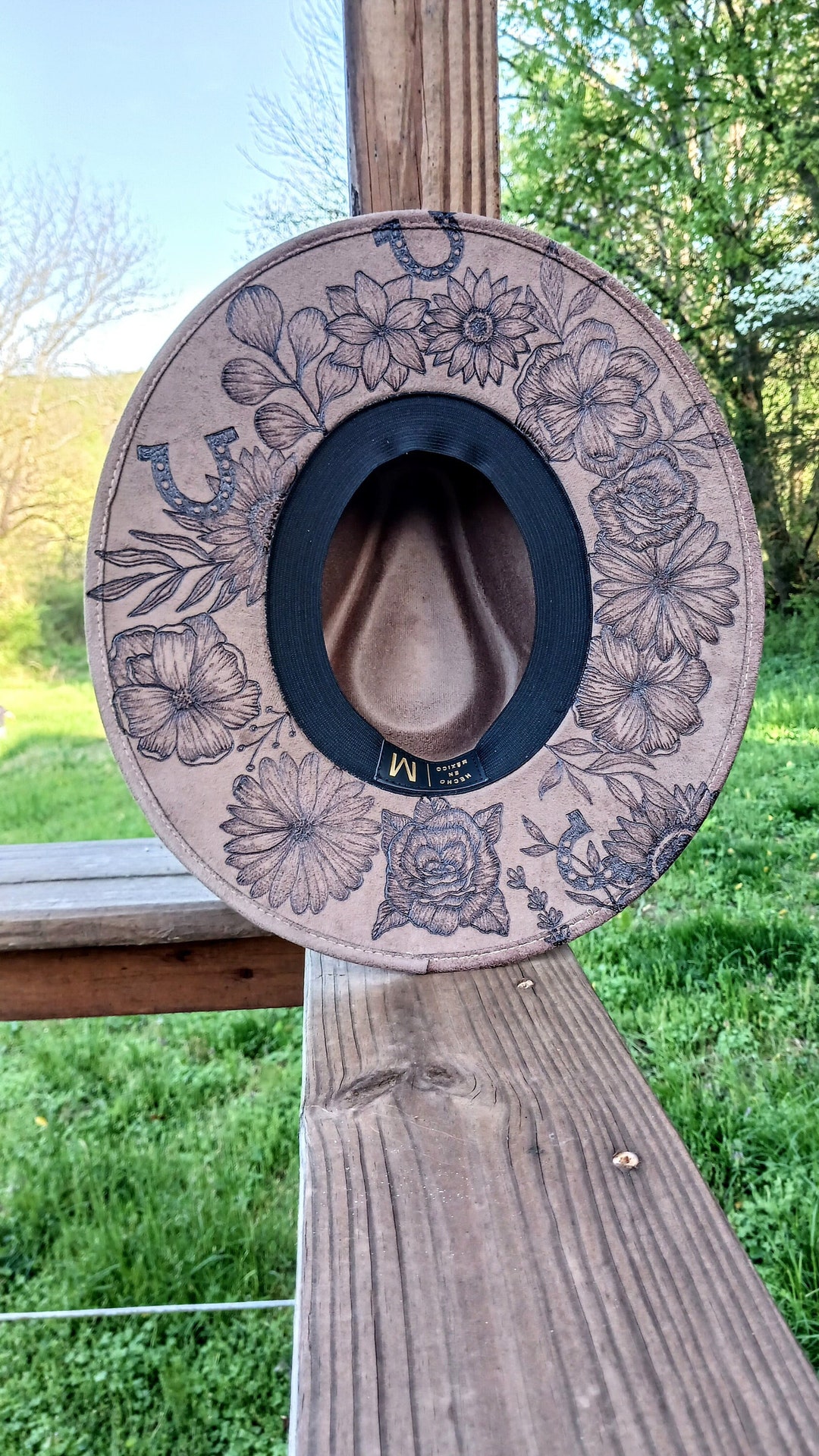Hand Burned Olive Wide Brim Hat for Women, Horseshoe on Crown, Flowers ...