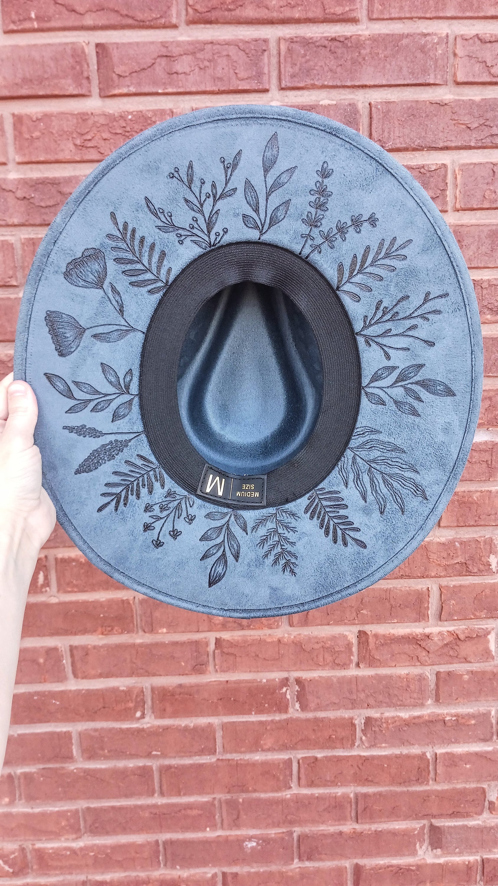 Hand Burned Steel Blue Wide Brim Hat for Women, Vines and Flower Design ...