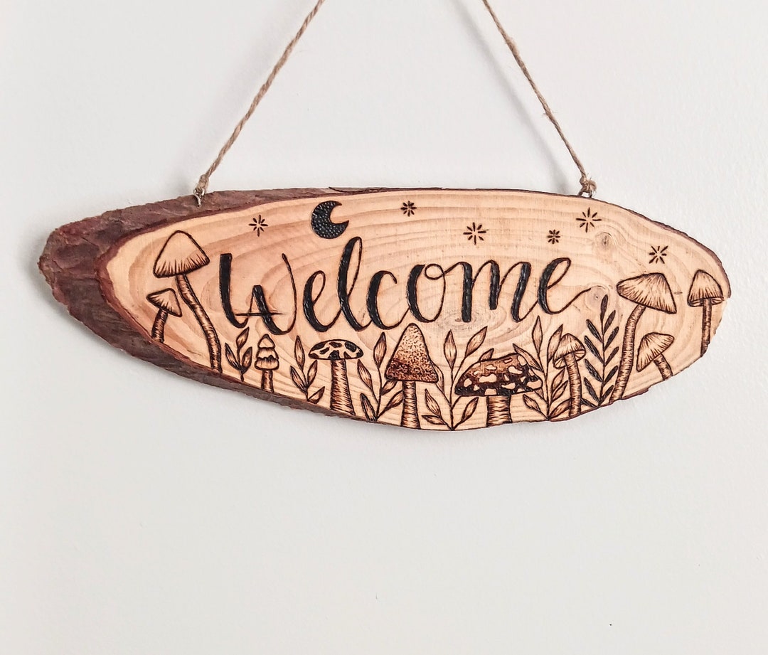 Wood Burned Mushroom Welcome Sign - Etsy