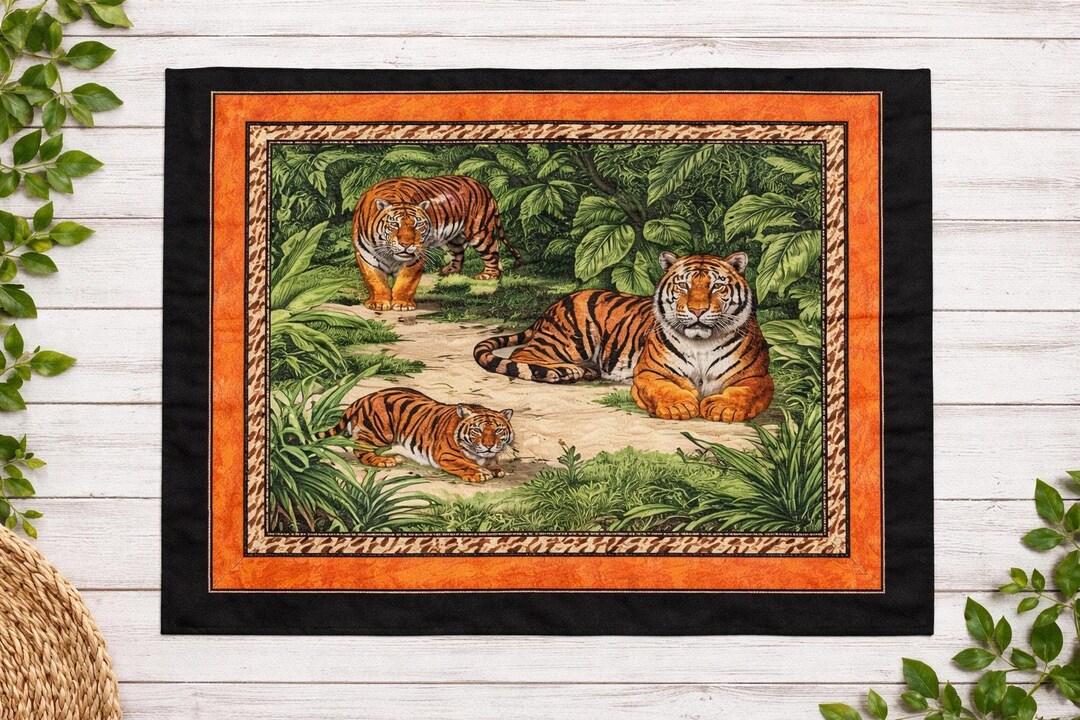 Cranston Print Works Tiger Scenic Fabric Panels 3 Yards Total Cotton ...