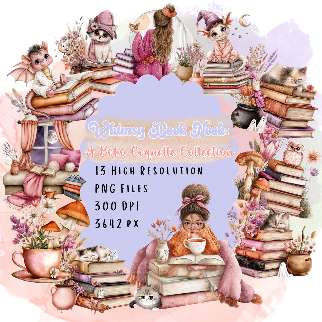 Whimsy Cozy Boho Coquette Bookish PNG Instant Download, Bookish ...