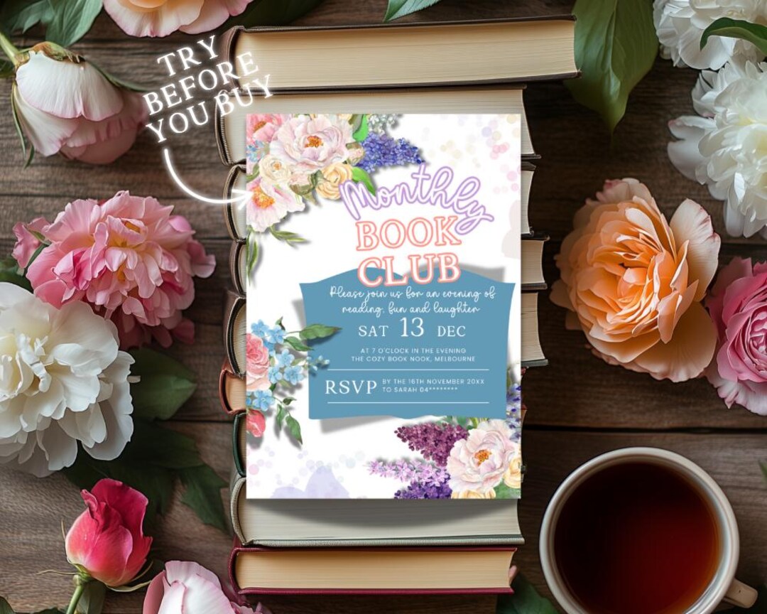 Editable Book Club Digital Printable Invitation Template for Bookish ...