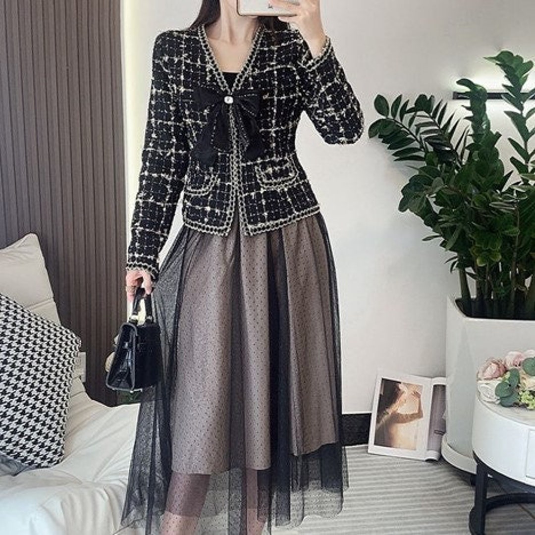 Elegant 2 Piece Tweed Set /womens Tweed Jacket Mesh Long Skirt/tweed ...