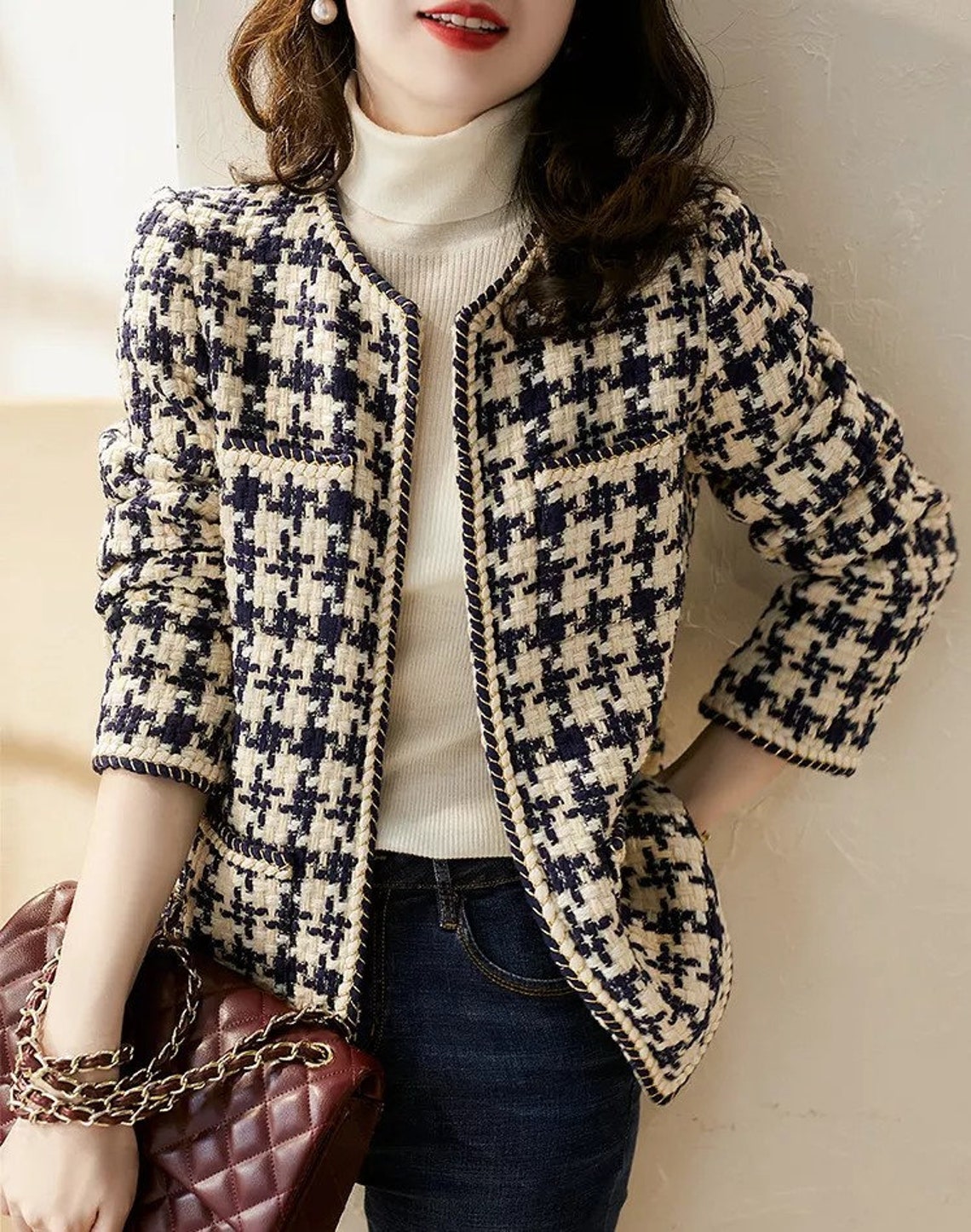 Houndstooth Swallow Gird Classical Elegant Women Tweed Jacket - Etsy