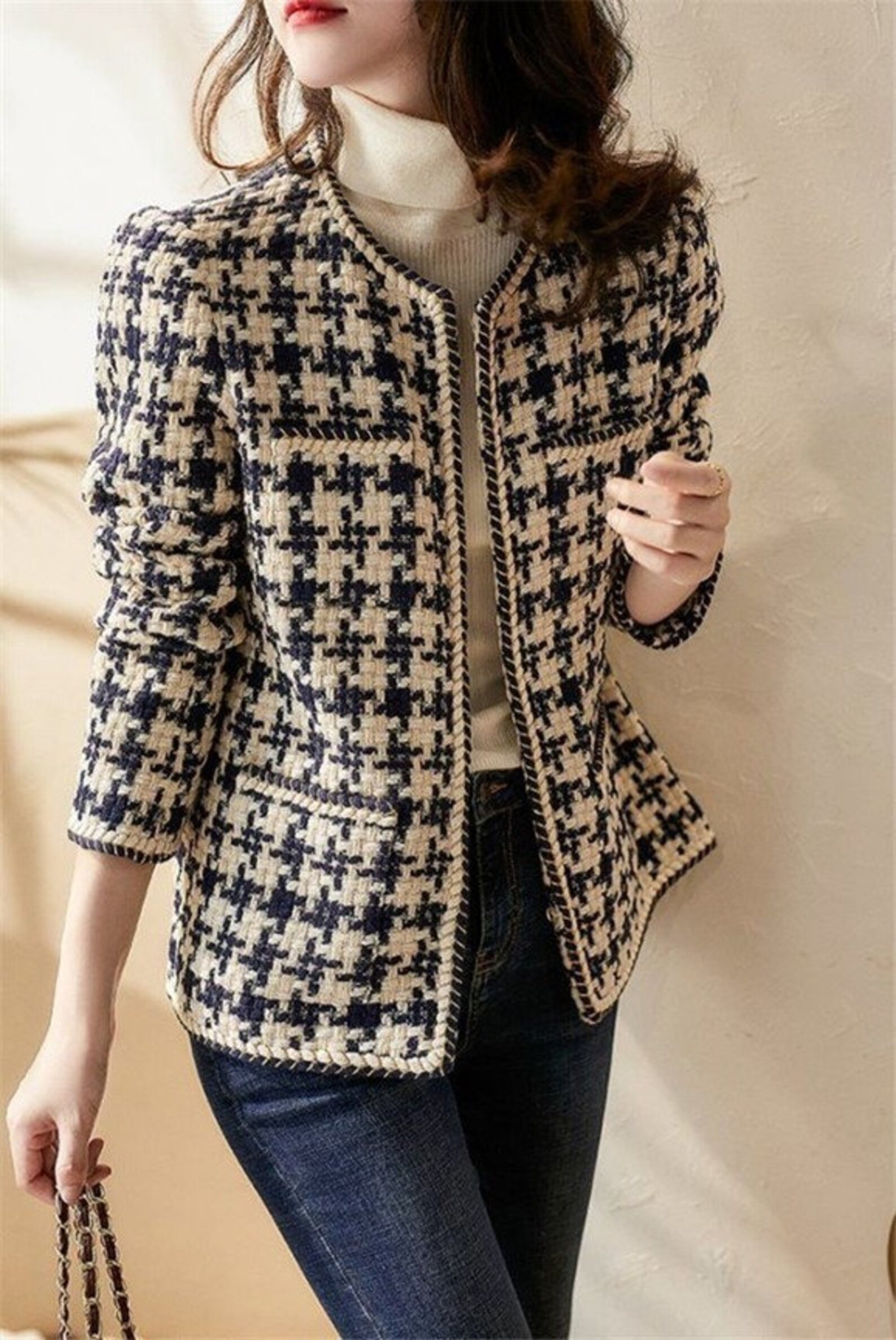 Houndstooth Swallow Gird Classical Elegant Women Tweed Jacket - Etsy