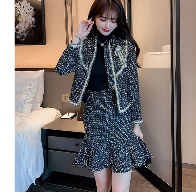 Womens Two Piece Tweed Set/elegant Long Sleeve/two Piece Skirt Set With ...