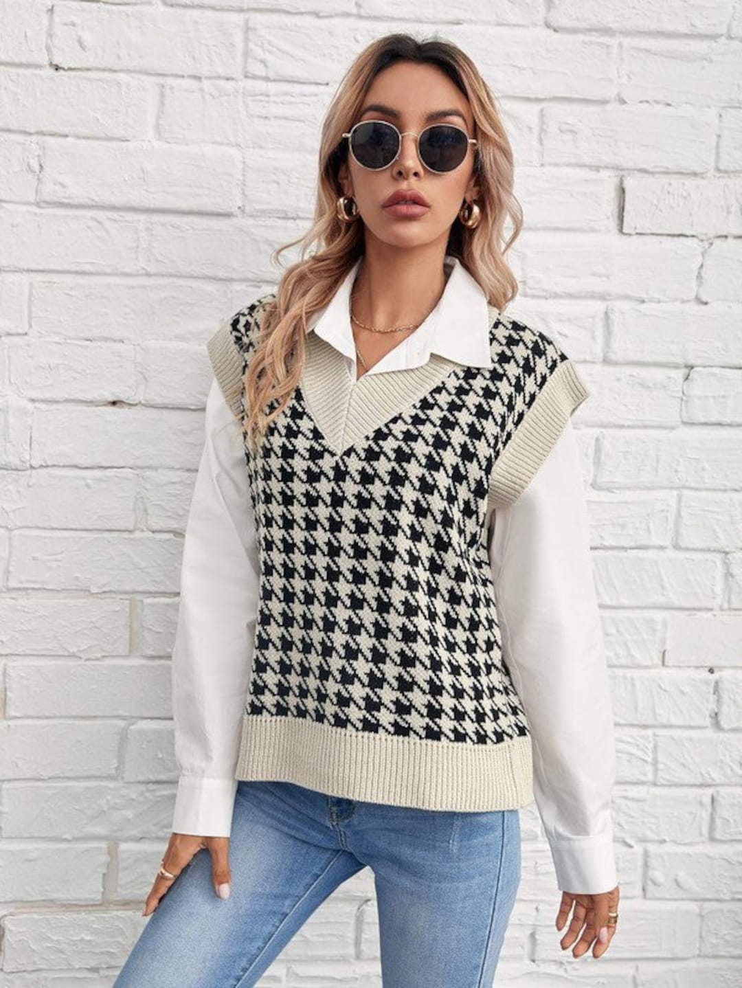 Women Houndstooth Sweater Vest Etsy