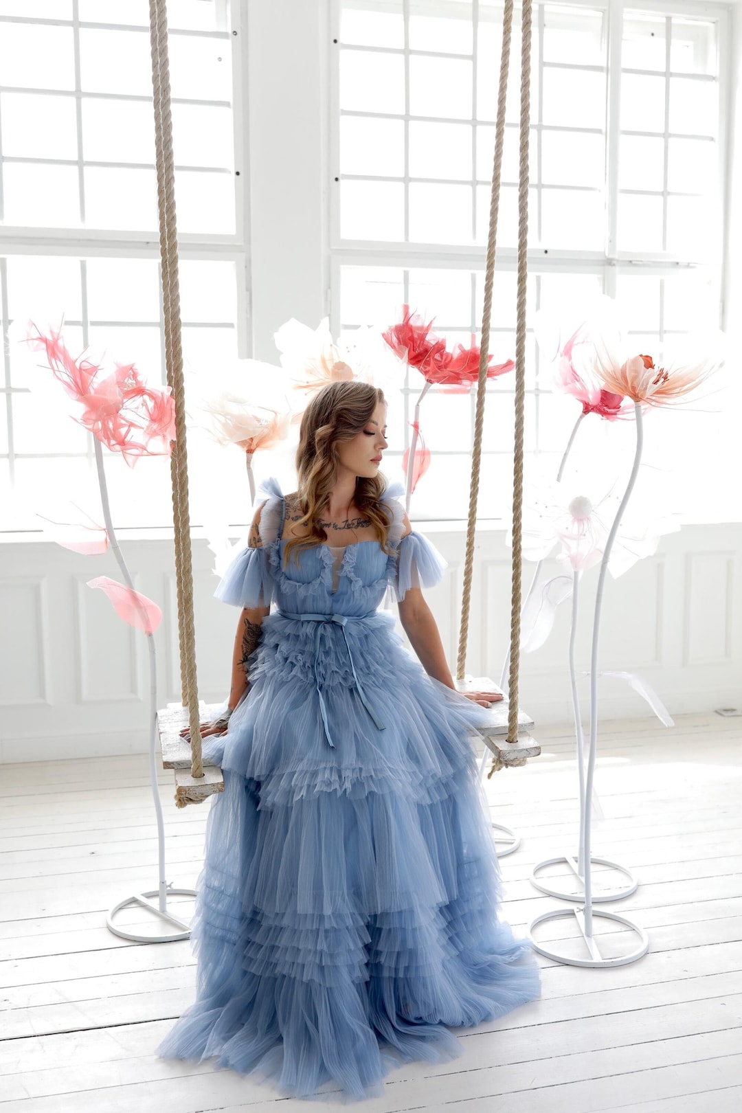 Ruffled Dusty Blue Tulle Gown - Etsy