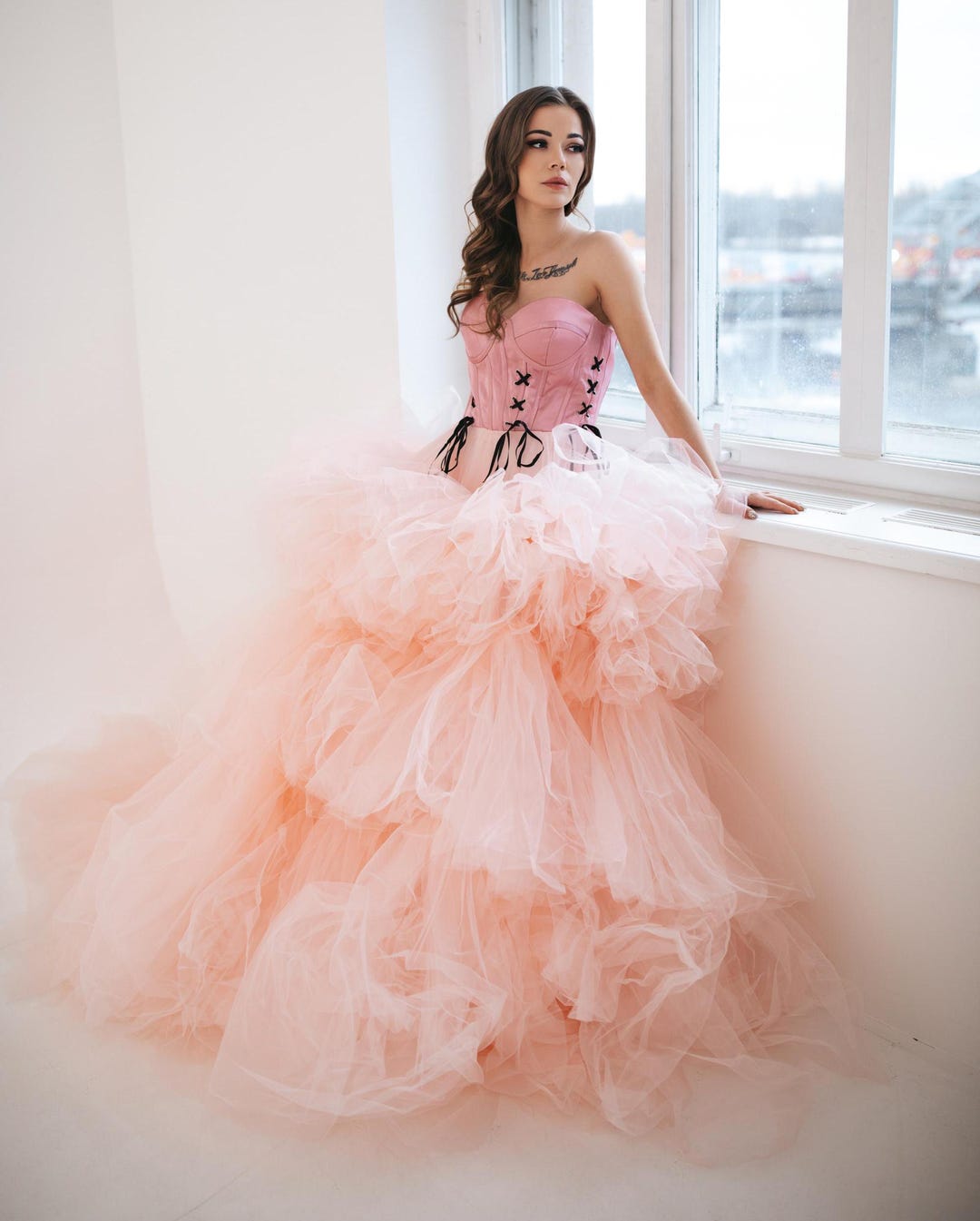 Majestic Pink Tulle Gown With Ruffles - Etsy