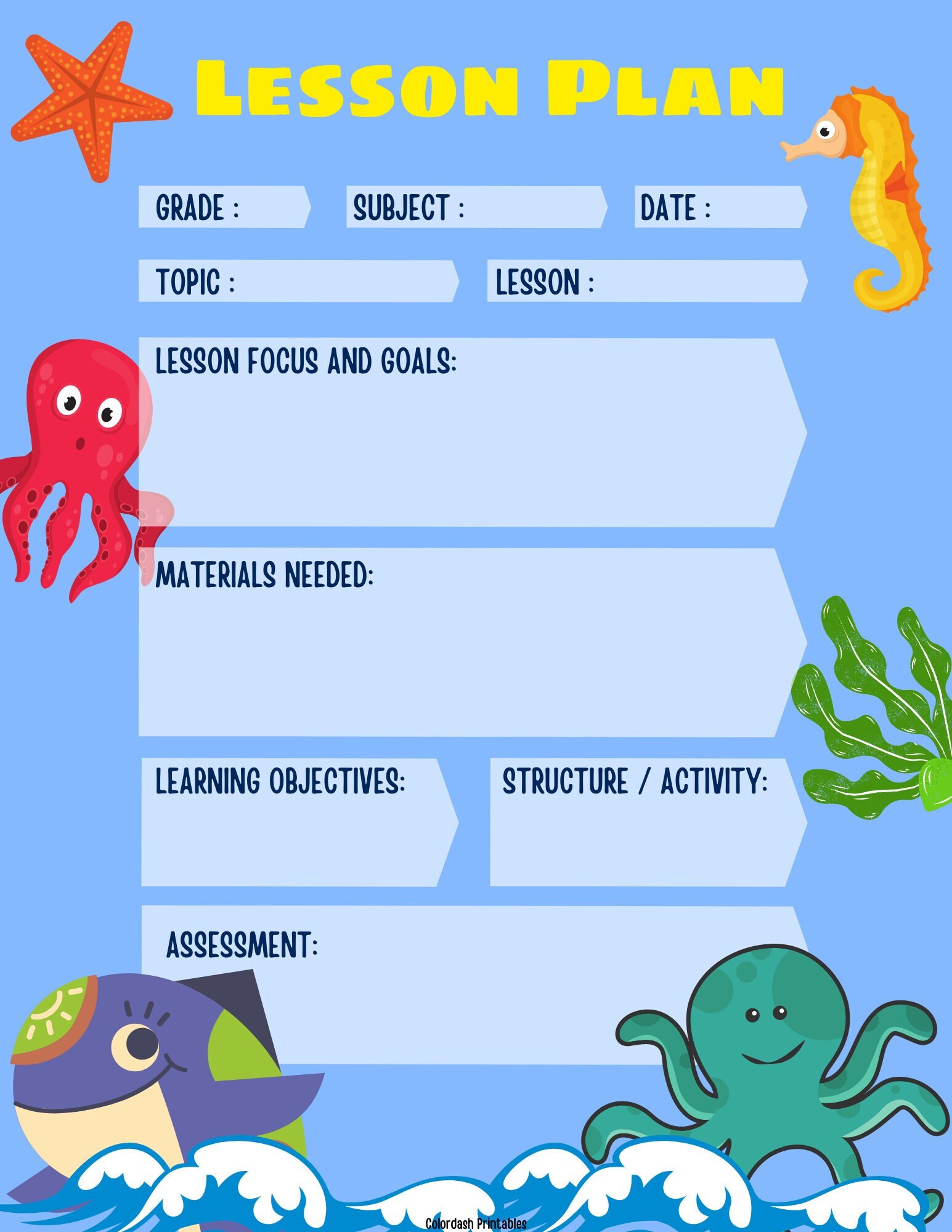 Lesson Plan Printable Blue Sea Creatures for Kids | Etsy