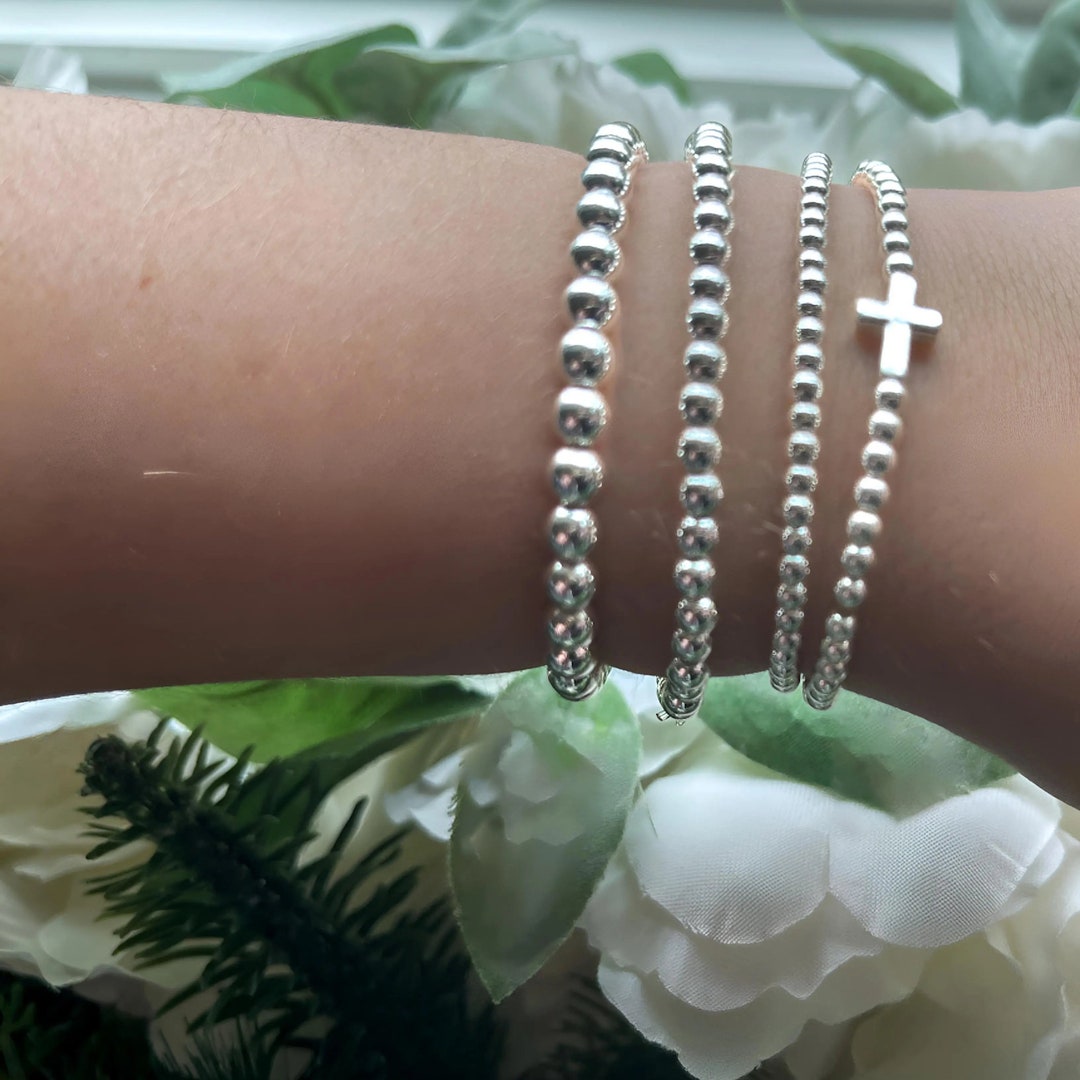 Delicate 925 Sterling Silver Cross & Beads Stretch Bracelet Set ...