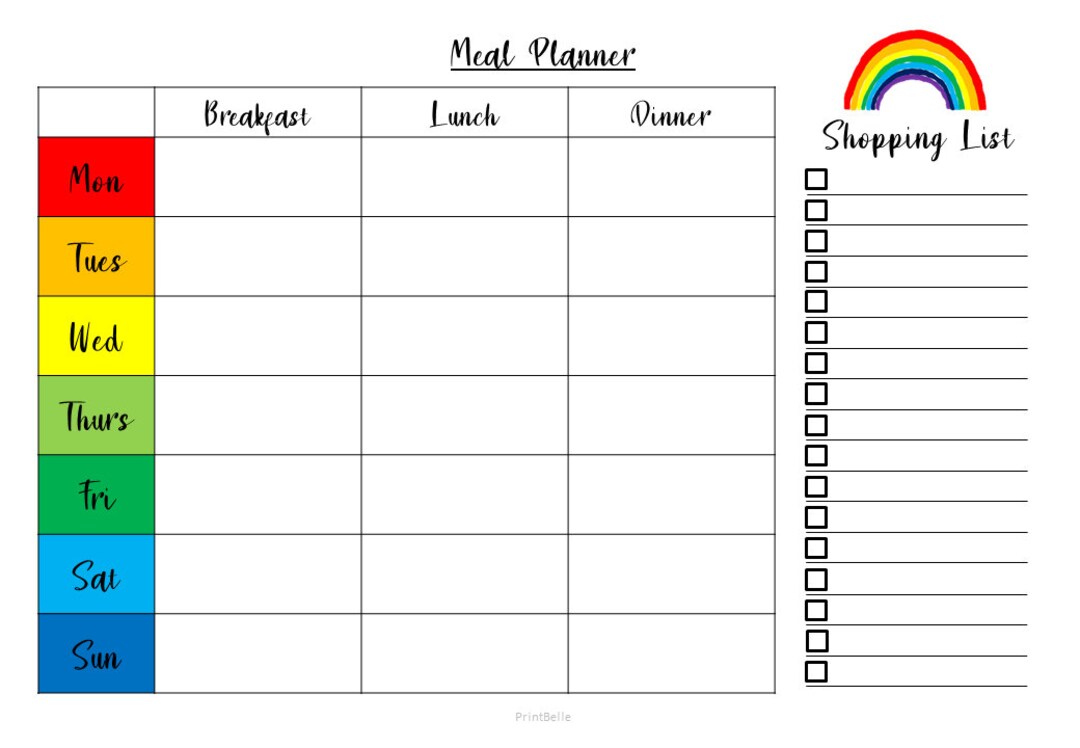 Printable Rainbow Weekly Meal Planner and Shopping List - Etsy