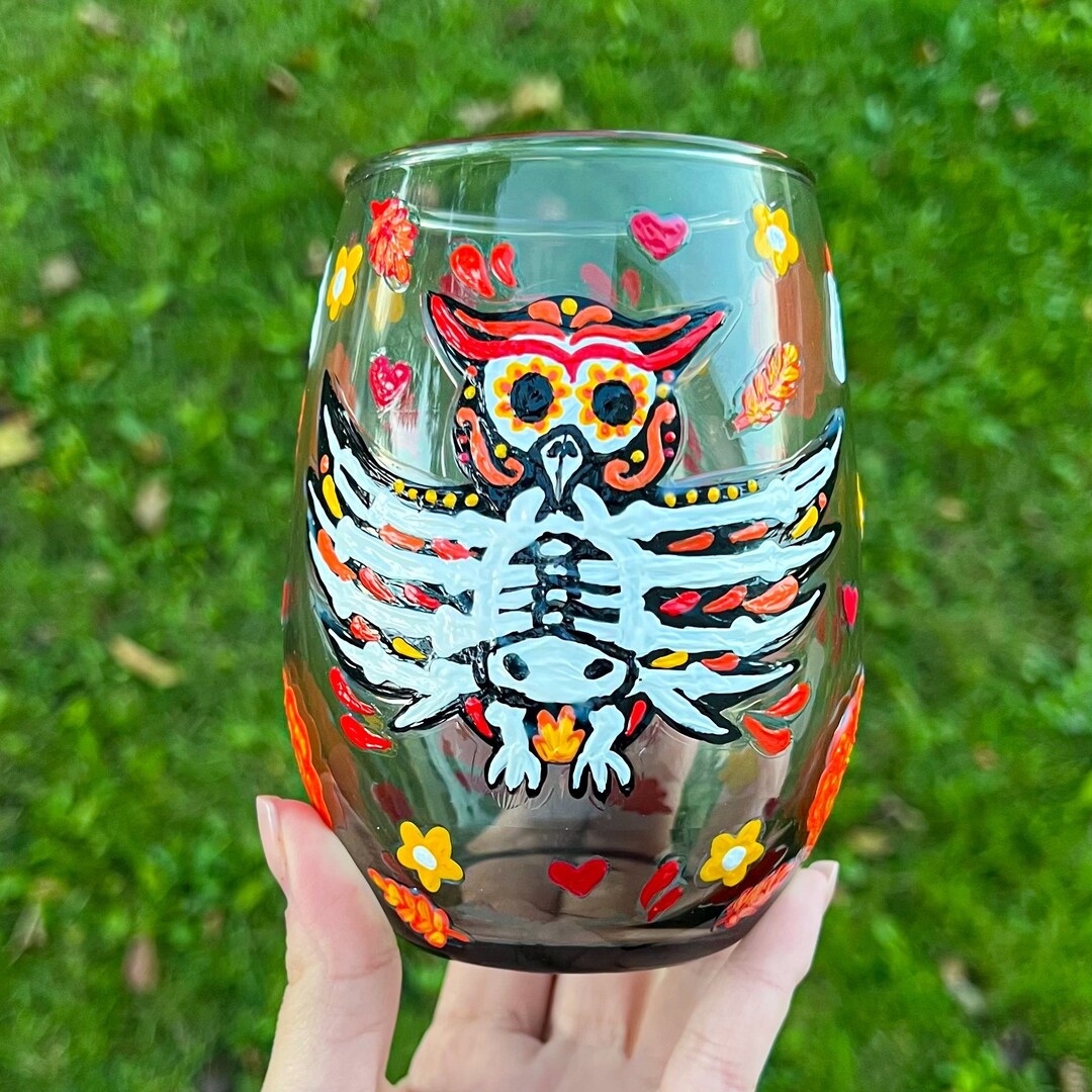 Day of the Dead Owl Cup Glass Cup Hand-painted Cup Día De Los Muertos ...
