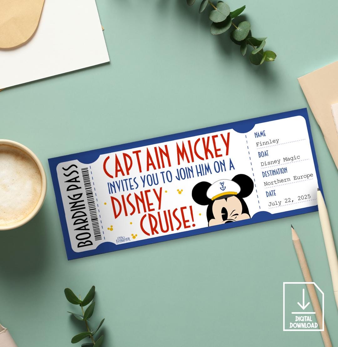 Captain Mickey Boarding Pass Cruise Reveal Gift. Editable and Printable ...
