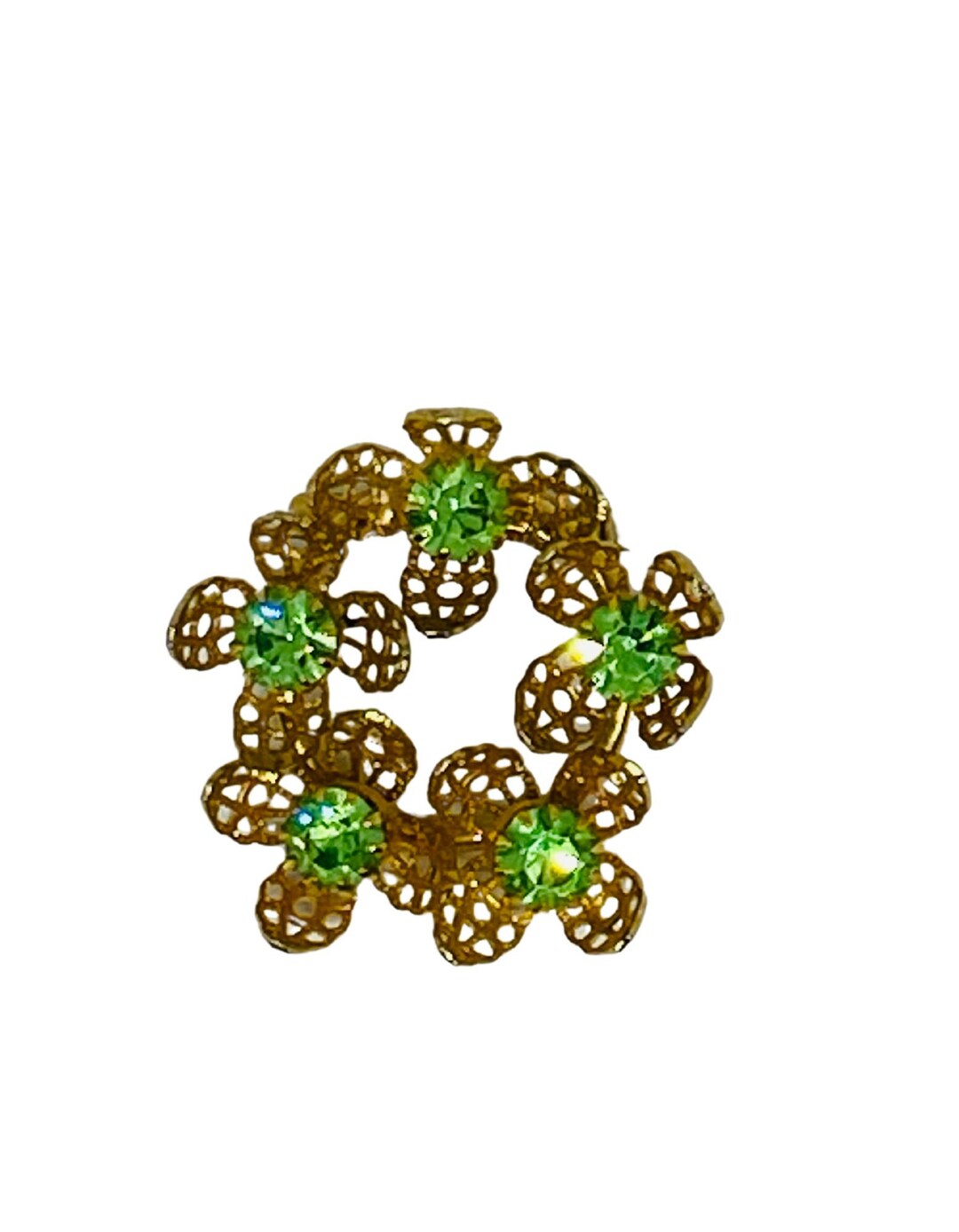 Vintage Gold Tone Green Crystal Uranium Rhinestone Circle Brooch Pin Uv