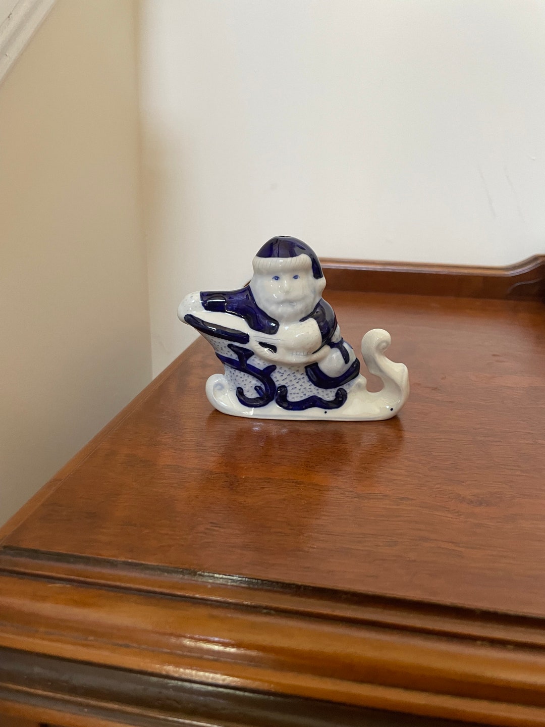 Vintage White Blue Hand Painted Ornament Delft Santa Sleigh Saint St ...