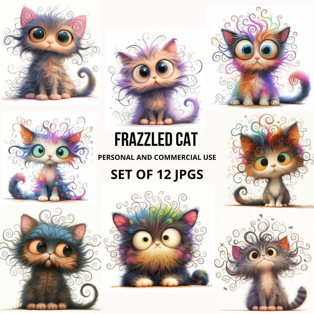 Frazzled Cat Clipart, 12 Adorably Messy Cat Images, Whimsical Furry ...