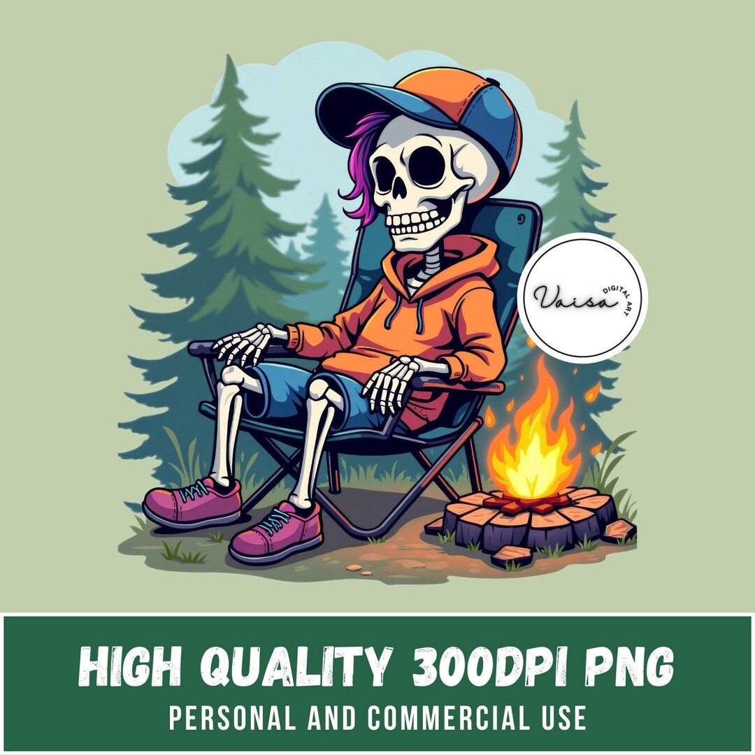 Camping Skeleton Clipart, Cool Skeleton by the Campfire, Happy Camper ...