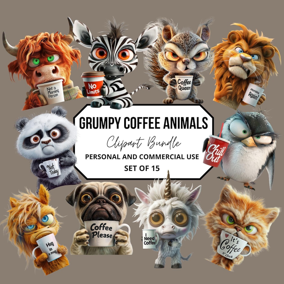 Quirky Grumpy Coffee Animals Clipart, Angry Safari Animals Clip Art ...