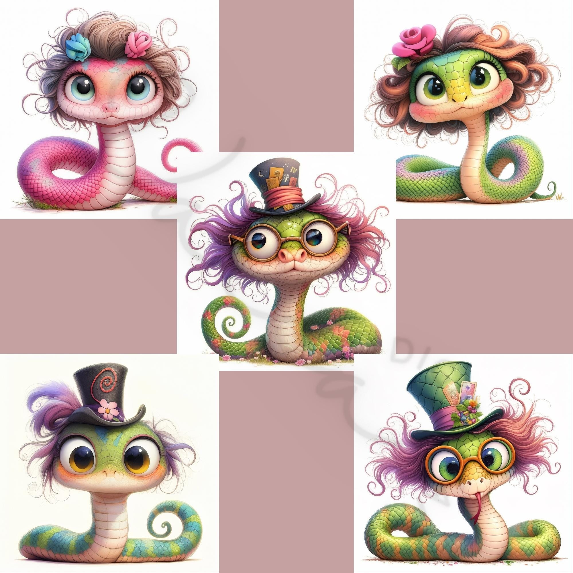 Funny Snake Clipart Set, Whimsical Snake Illustrations With Hats ...