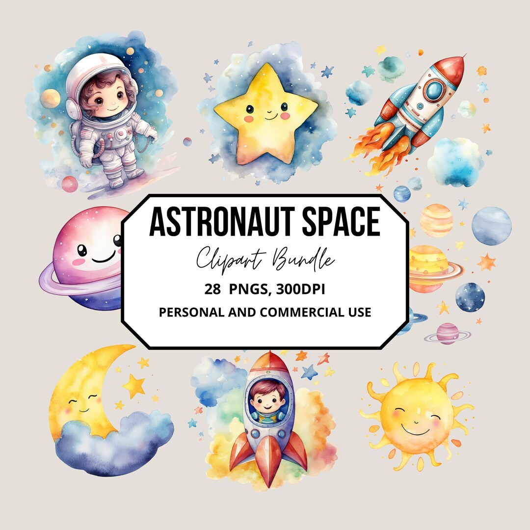 Space Clipart, Cute Astronaut With Watercolor Planets and Rockets ...