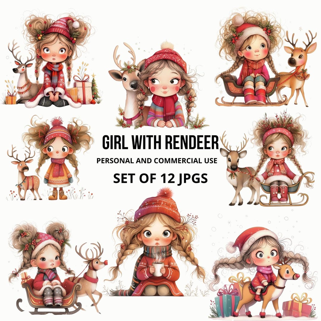 Winter Holiday Digital Art, Christmas Girl Clipart With Reindeer for ...