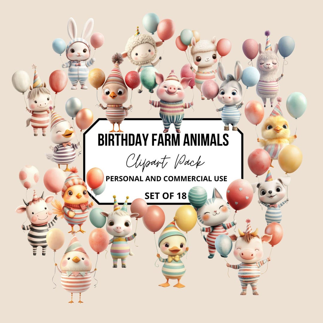 Cute Farm Animals With Balloons, Birthday Farm Animals, Animal Clipart ...