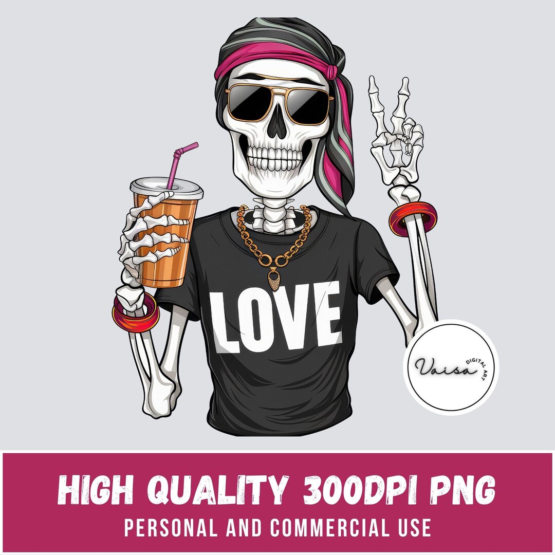 Skeleton Peace Sign PNG, Retro Skeleton With Drink Clipart, Hipster ...