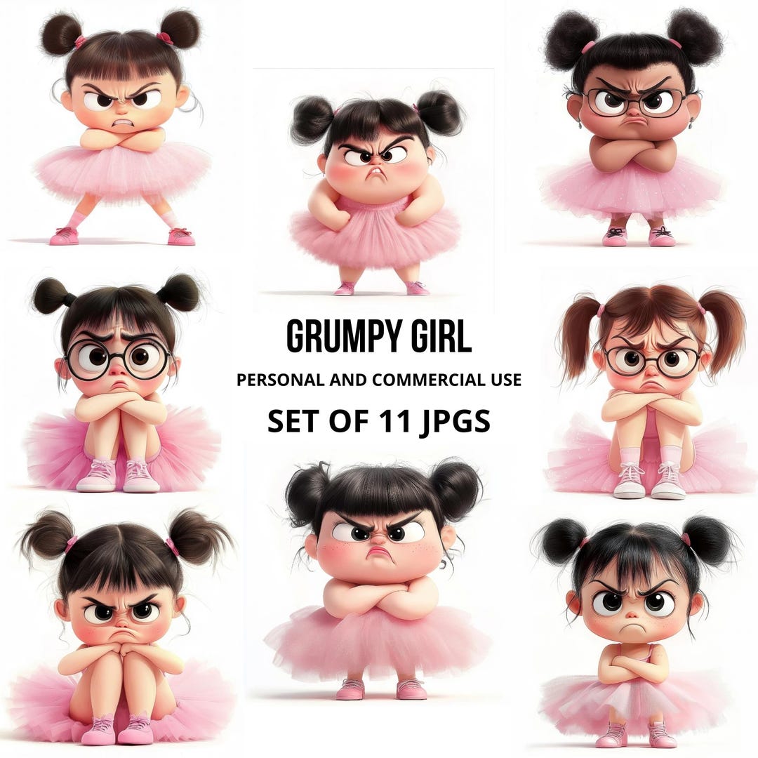 Grumpy Girl Clipart Set, Cute Cartoon Character 11 JPG, Digital ...