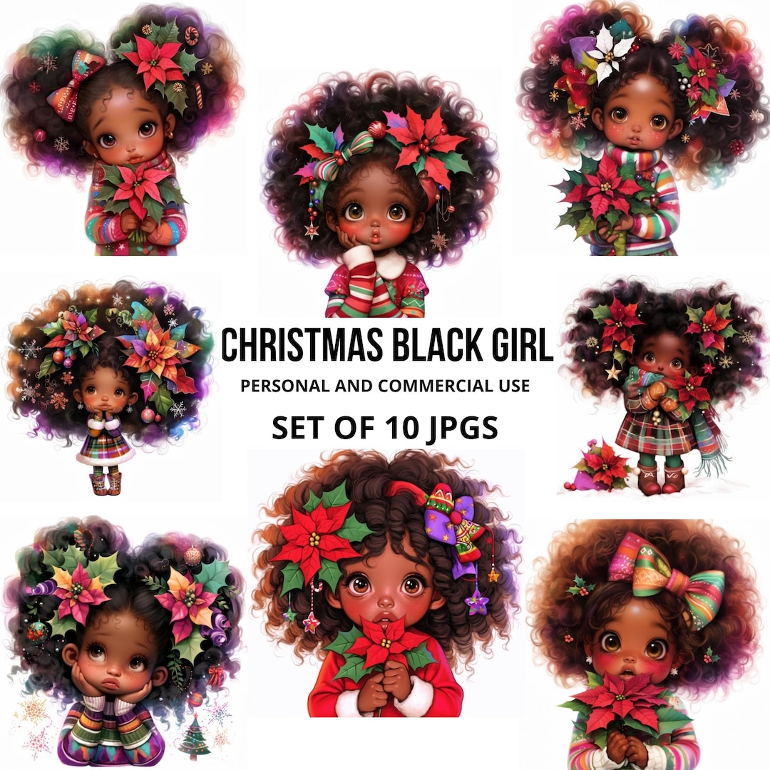 Christmas Black Girl Clipart Set, Cute Holiday Character With Afro and ...
