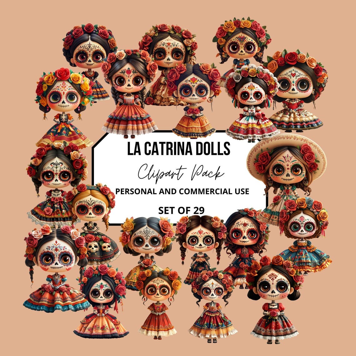 Joli clipart poupées La Catrina, PNG le jour des morts, art tête de ...