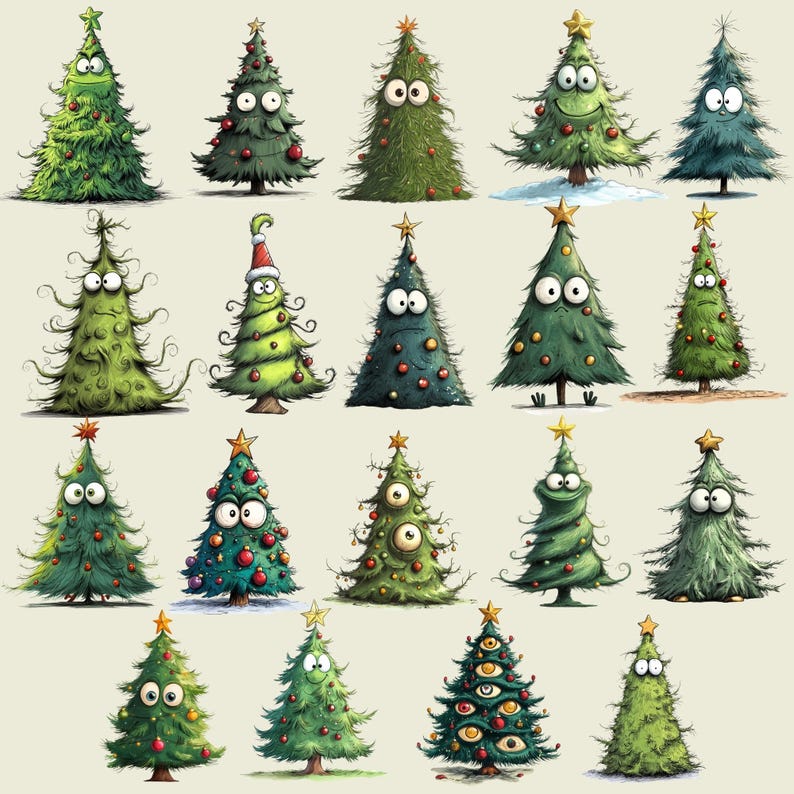 Quirky Christmas Tree Clipart, Funny Clipart, Whimsical Christmas Trees ...