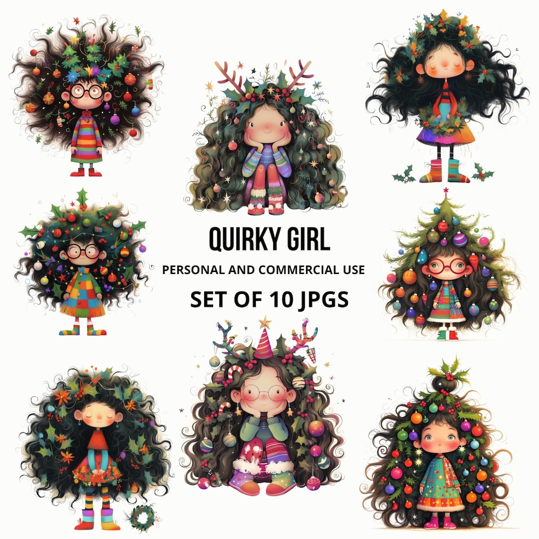 Quirky Christmas Girl Clipart Cute Holiday Character Set Whimsical ...