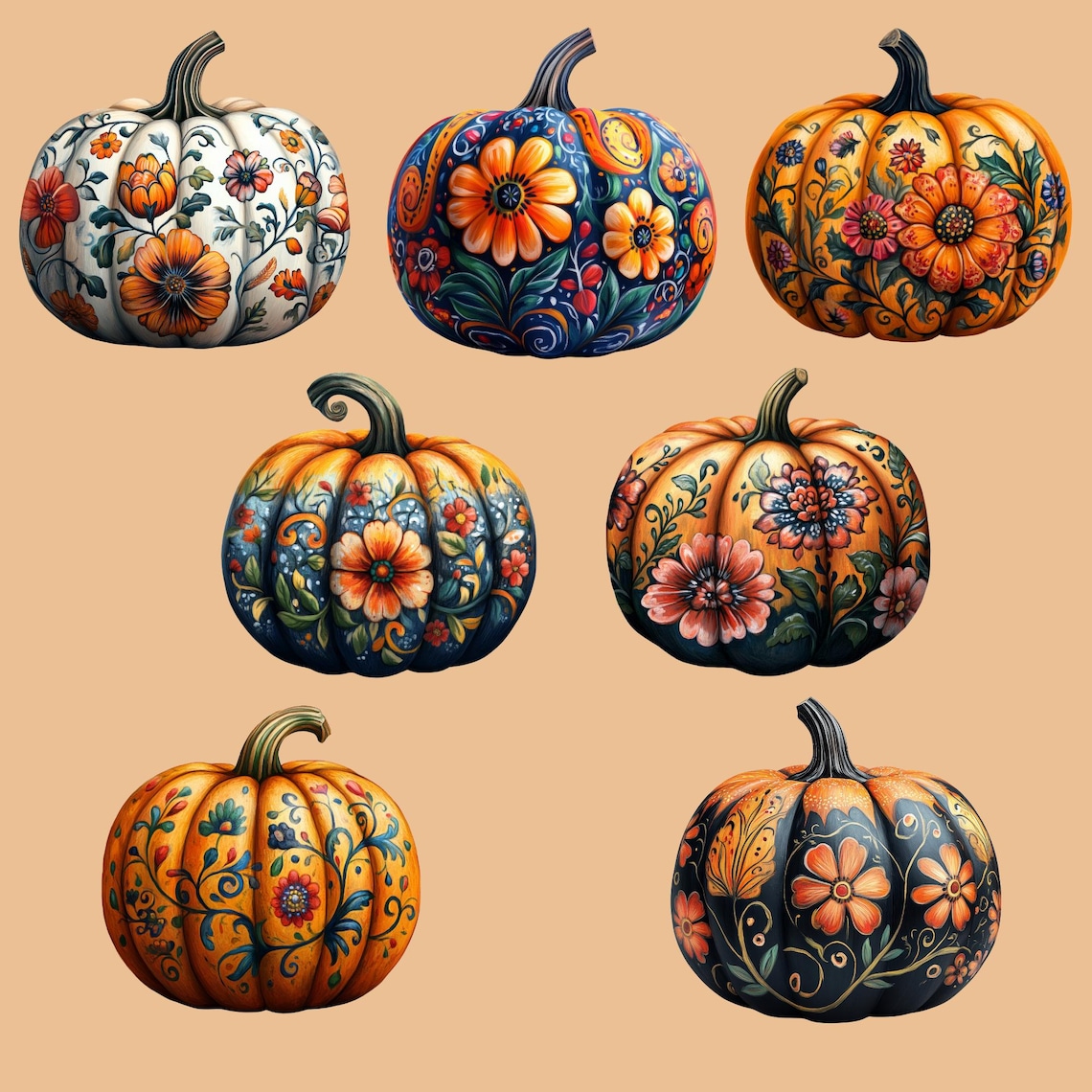 Mexican Pumpkin Clipart Pack, Mexican Art, Vibrant Floral Pumpkin ...