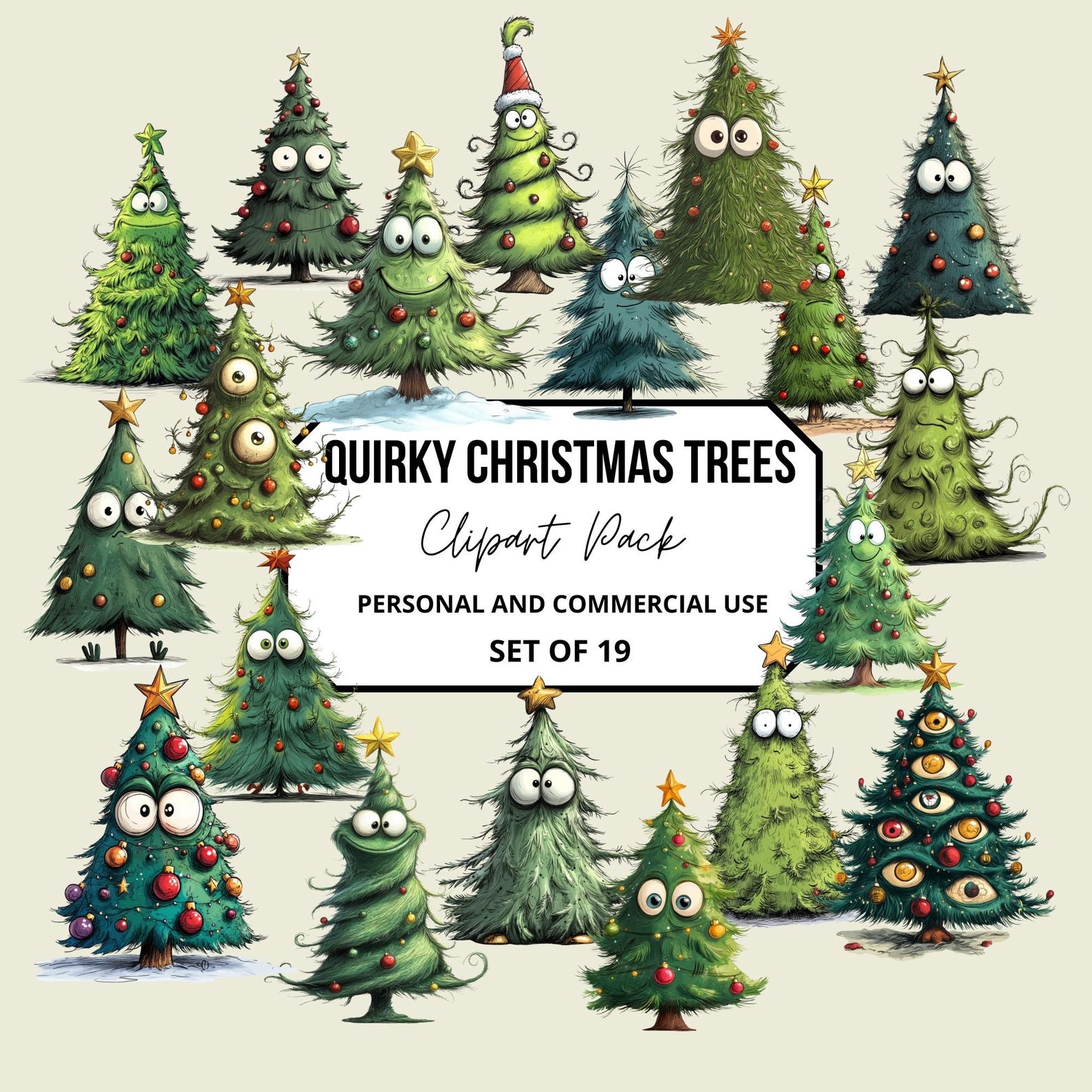 Quirky Christmas Tree Clipart, Funny Clipart, Whimsical Christmas Trees ...