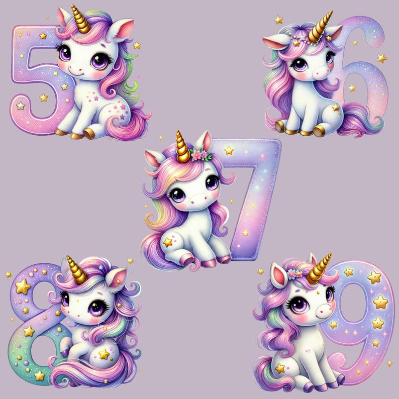 Unicorn Birthday Numbers PNG ,girl Birthday Party, PNG File, Watercolor ...