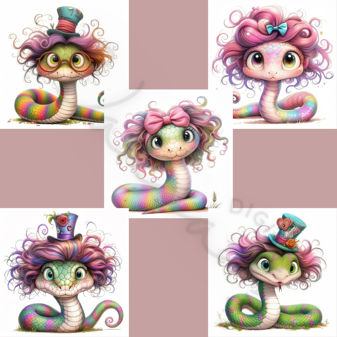 Funny Snake Clipart Set, Whimsical Snake Illustrations With Hats ...