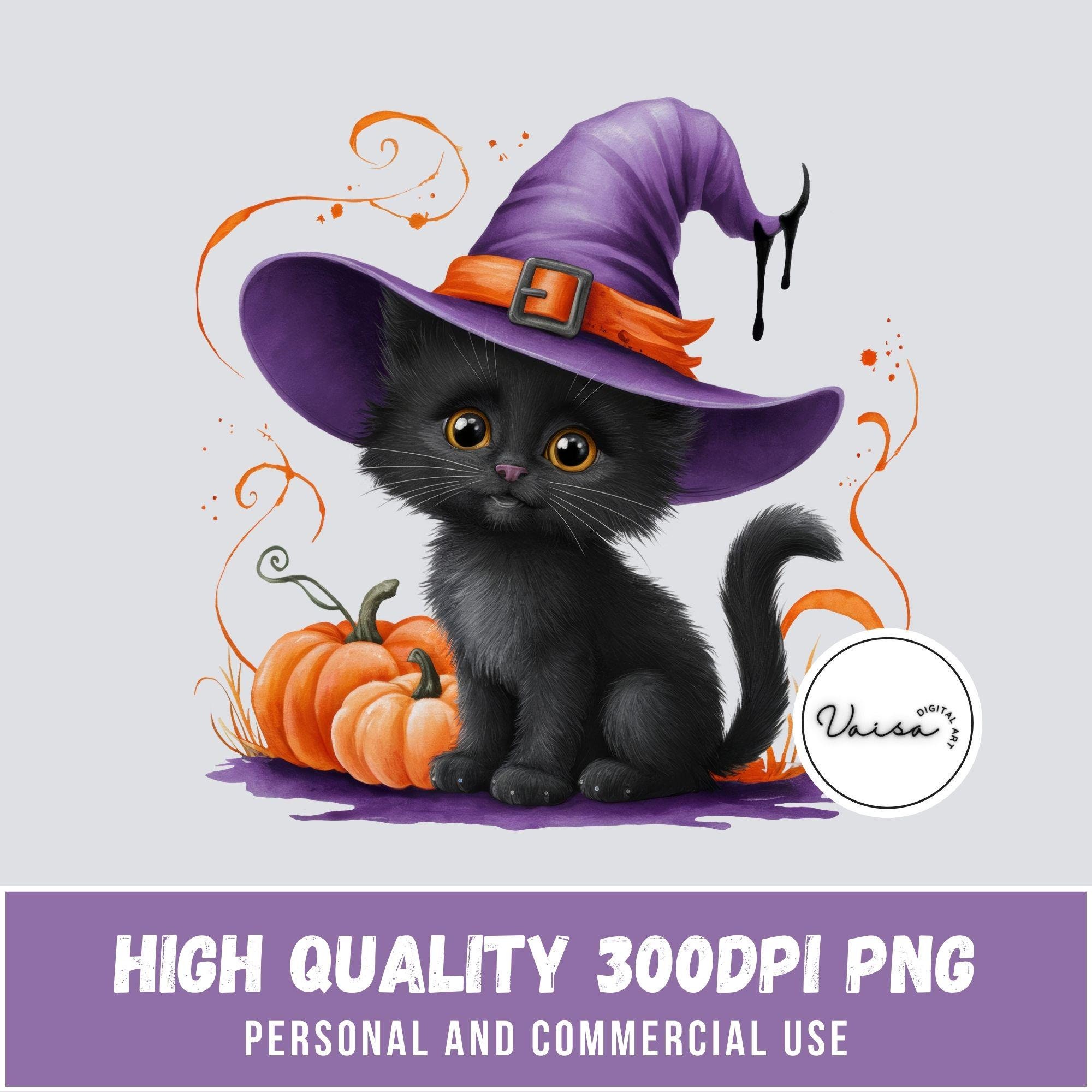 Cute Halloween Black Cat Clipart, Witch Hat Kitten With Pumpkin, High ...