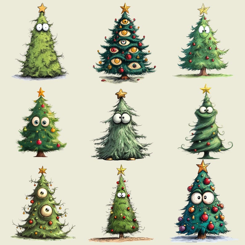 Quirky Christmas Tree Clipart, Funny Clipart, Whimsical Christmas Trees ...