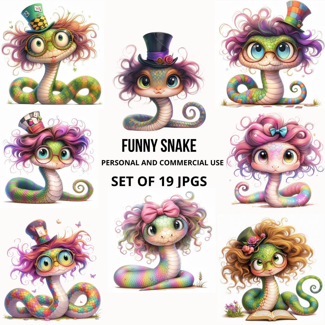 Funny Snake Clipart Set, Whimsical Snake Illustrations With Hats ...