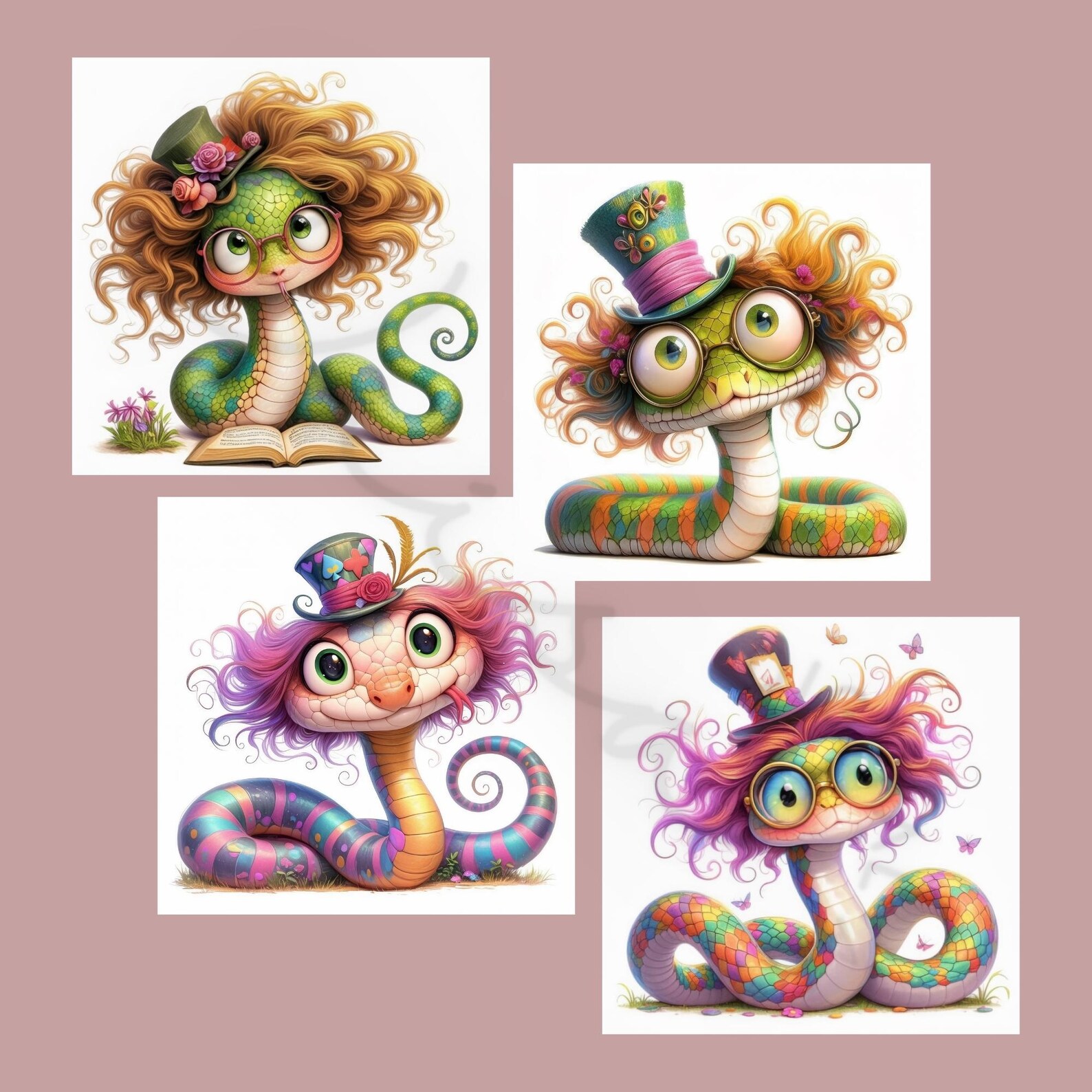 Funny Snake Clipart Set, Whimsical Snake Illustrations With Hats ...
