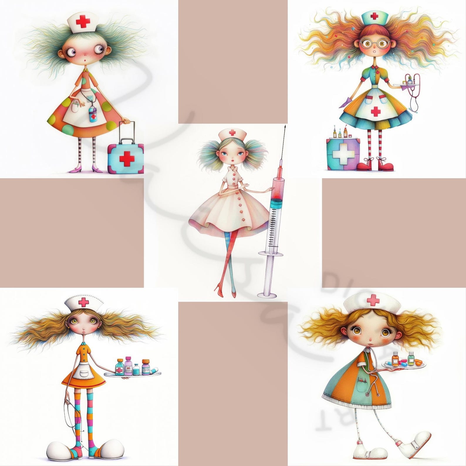 Quirky Nurse Clipart, Fun and Whimsical Nurse Illustrations, 13 JPG Fun ...